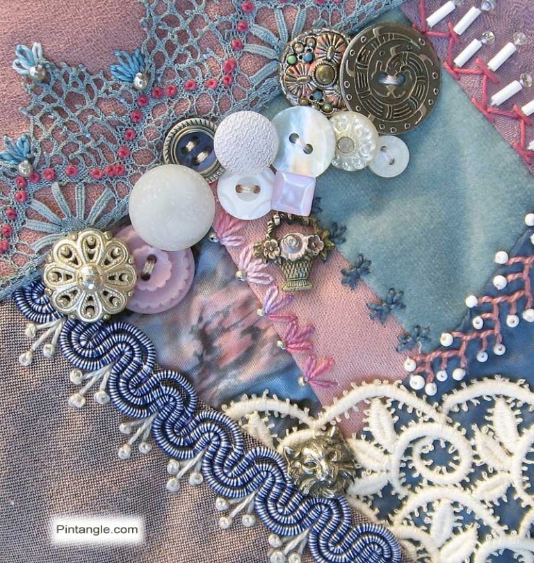 Crazy Quilt Block 97 Pattern and Hand Embroidery Details - Pintangle